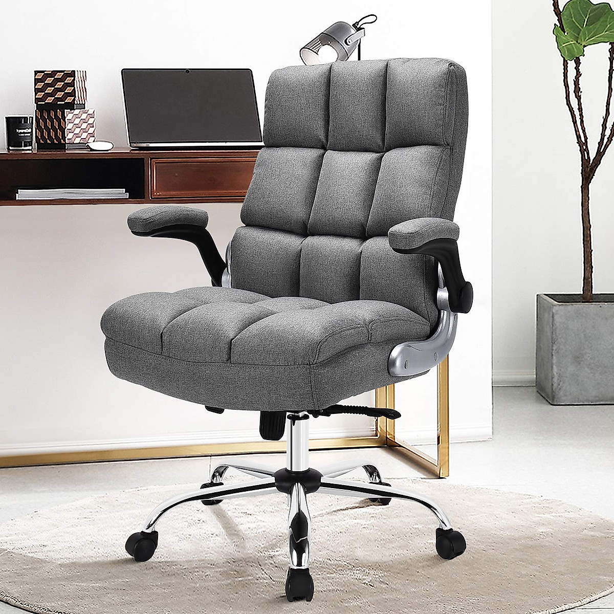 Giantex Executive Office Chair, Big and Tall Ergonomic Computer Chair, Adjustable Tilt Angle and Flip-up Armrest Linen Fabric Upholstered Chair with Thick Padding, High Back Managerial Chair (Grey)