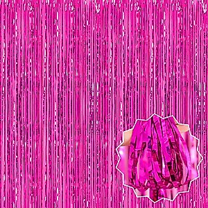 3 Pack Fuchsia Foil Fringe Curtains Backdrop, 3.28 x 8.2 Ft Metallic Streamers Tinsel Curtains Background for Photo Booth, Birthday, Halloween, Christmas, Thanksgiving, New Year Party Decorations