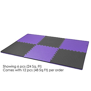 Xspec 1" Extra Thick 48 sq ft Reversible EVA Gym Foam Floor Mat Tiles (24" x 24"), Steel Pattern, 12 pcs, Black/Purple