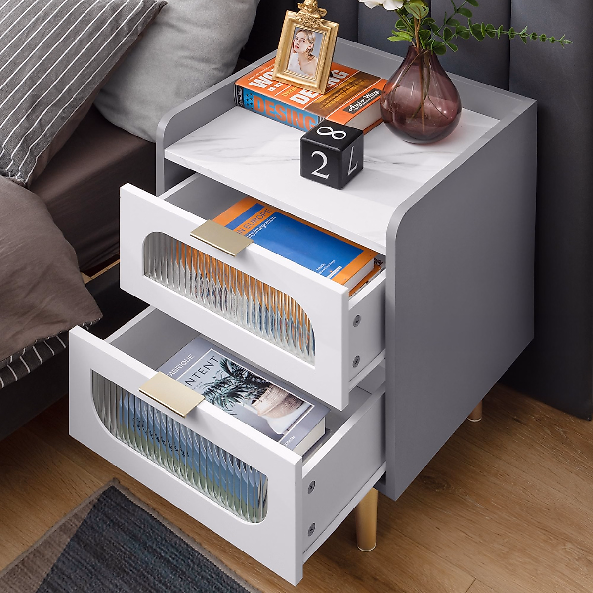 SICOTAS Night Stand with 2 Drawers, Modern Wood Nightstand Fluted Tempered Glass Marble Bed Side Table with Storage Large End Tables with Gold Legs for Bedroom Living Room, White and Grey