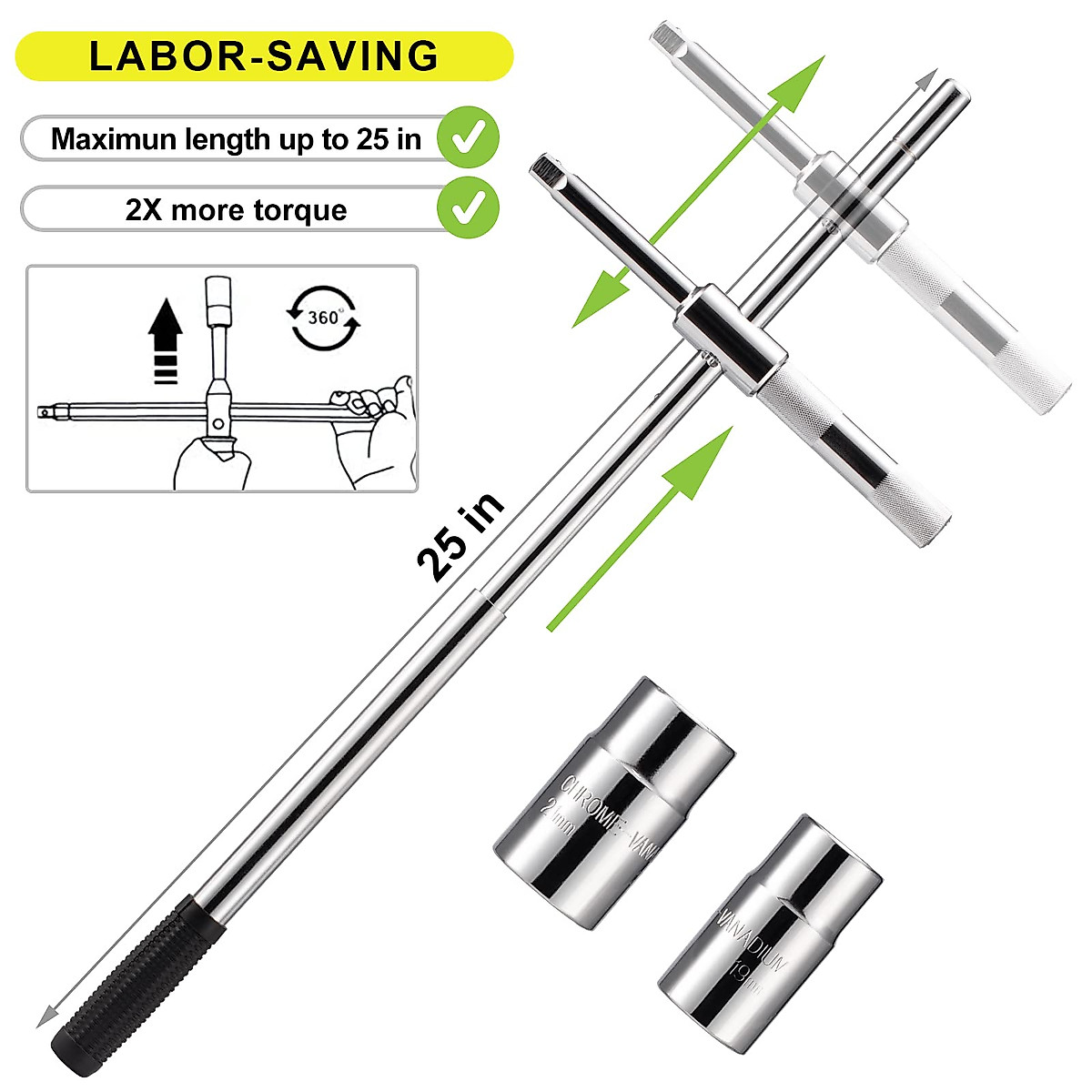 Spurtar Extended Lug Wrench Lug Nut Wrench, 4 Way Lug Wrench Tire Iron Lug Wrench, Lug Nut Remover 1/2 Drive with 17/19mm and 21/23mm Sockets