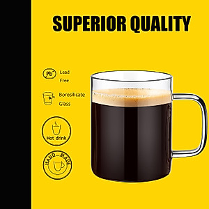 PunPun 17oz. / 500 ml Large Clear Glass Coffee Mugs Set of 4, Clear Espresso Cups, Large Wide Mouth Glass Mugs with Big Handle, Heatable Coffee Mugs for Cappuccinos and Juice Glass Cups