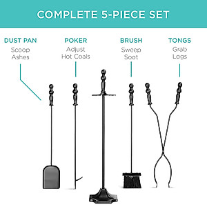 Best Choice Products Fireplace Tool Set 5pc Indoor Wrought Iron Outdoor Firepit Tool Set w/Poker, Tongs, Broom/Brush, Stand - Copper