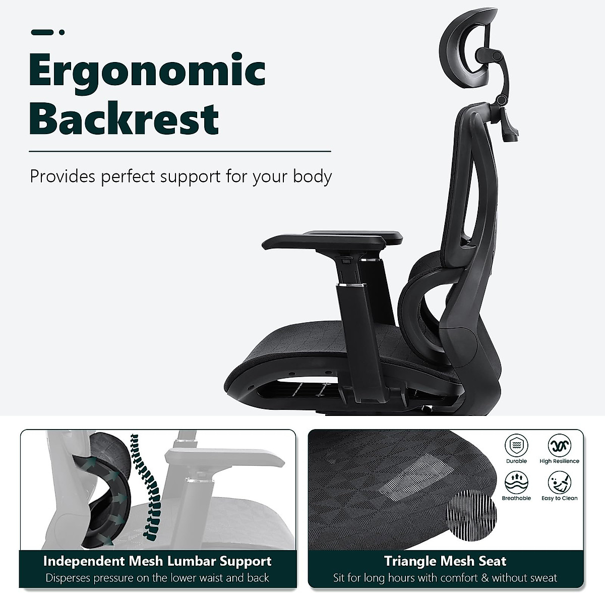 Ergonomic Office Chair, High Back Mesh Executive Chair with Lumbar Support, Adjustable Seat Depth, 3D Armrest & Headrest, Comfy Computer Desk Chair with Metal Base, for Gaming, Hotel, Black