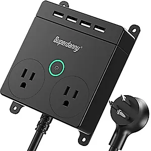 SUPERDANNY Power Strip with USB, 2 Widely Spaced Outlets & 4 USB Ports Desktop Charging Station Wall Mountable Flat Plug Extender with 5ft Extension Cord and Switch for Home Office Nightstand, Black