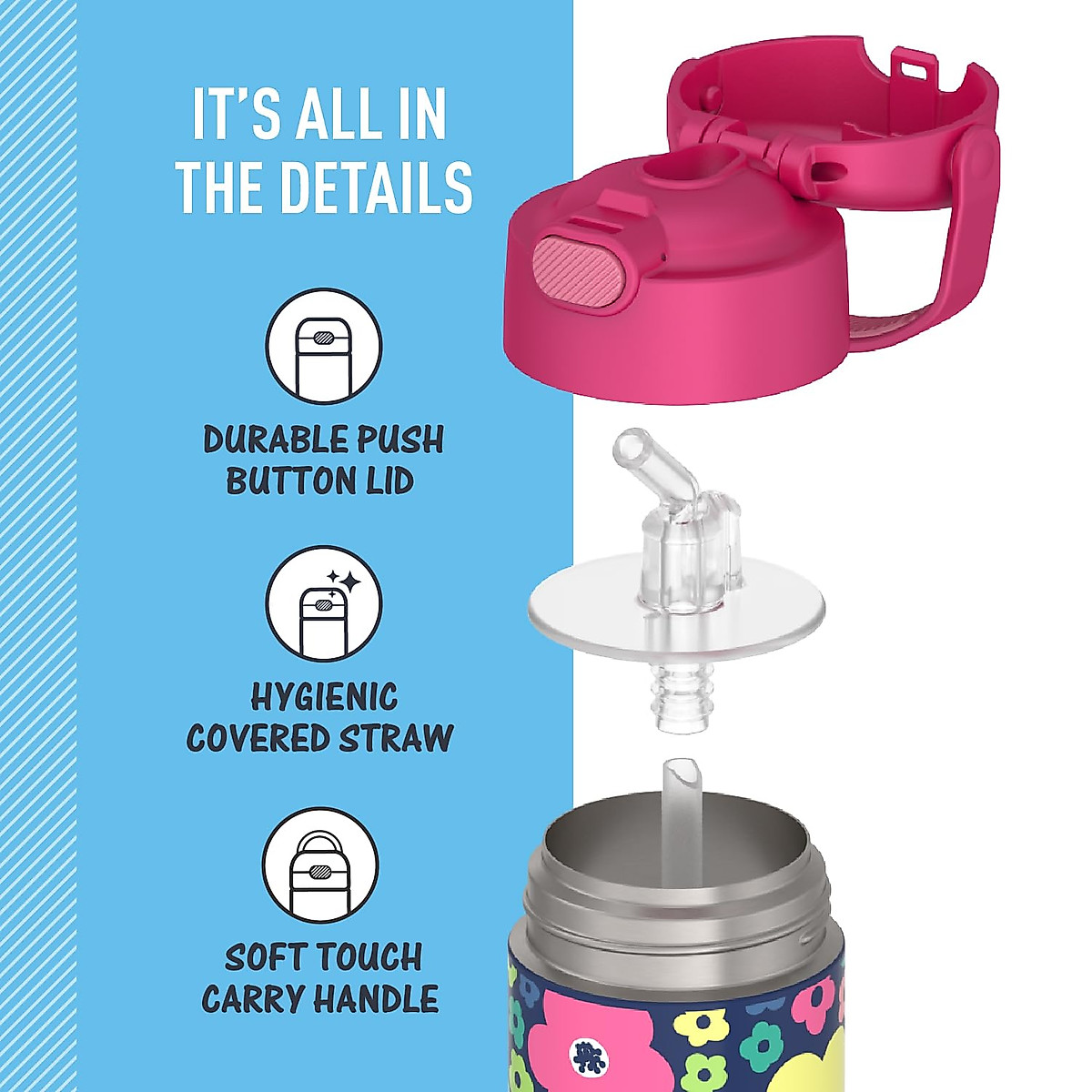 THERMOS FUNTAINER Water Bottle with Straw - 12 Ounce - Kids Stainless Steel Vacuum Insulated Water Bottle with Lid, Mod Flowers