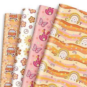 Whaline 12 Sheet Groovy Hippie Wrapping Paper 4 Style Boho Rainbow Daisy Pattern Packaging Paper Retro Groovy DIY Art Craft Paper for Birthday Baby Shower Party, 19.7 x 27.6 Inch, Folded Flat