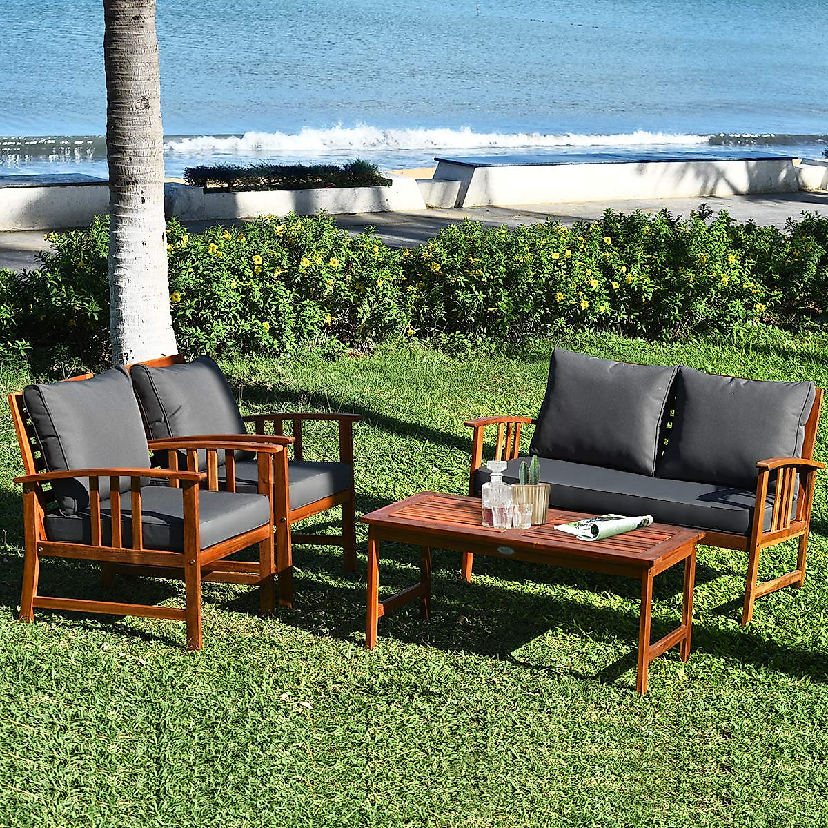 Tangkula 4 PCS Acacia Wood Patio Furniture Set, Outdoor Seating Chat Set with Gray Cushions & Back Pillow, Outdoor Conversation Set with Coffee Table, Ideal for Garden, Backyard, Poolside