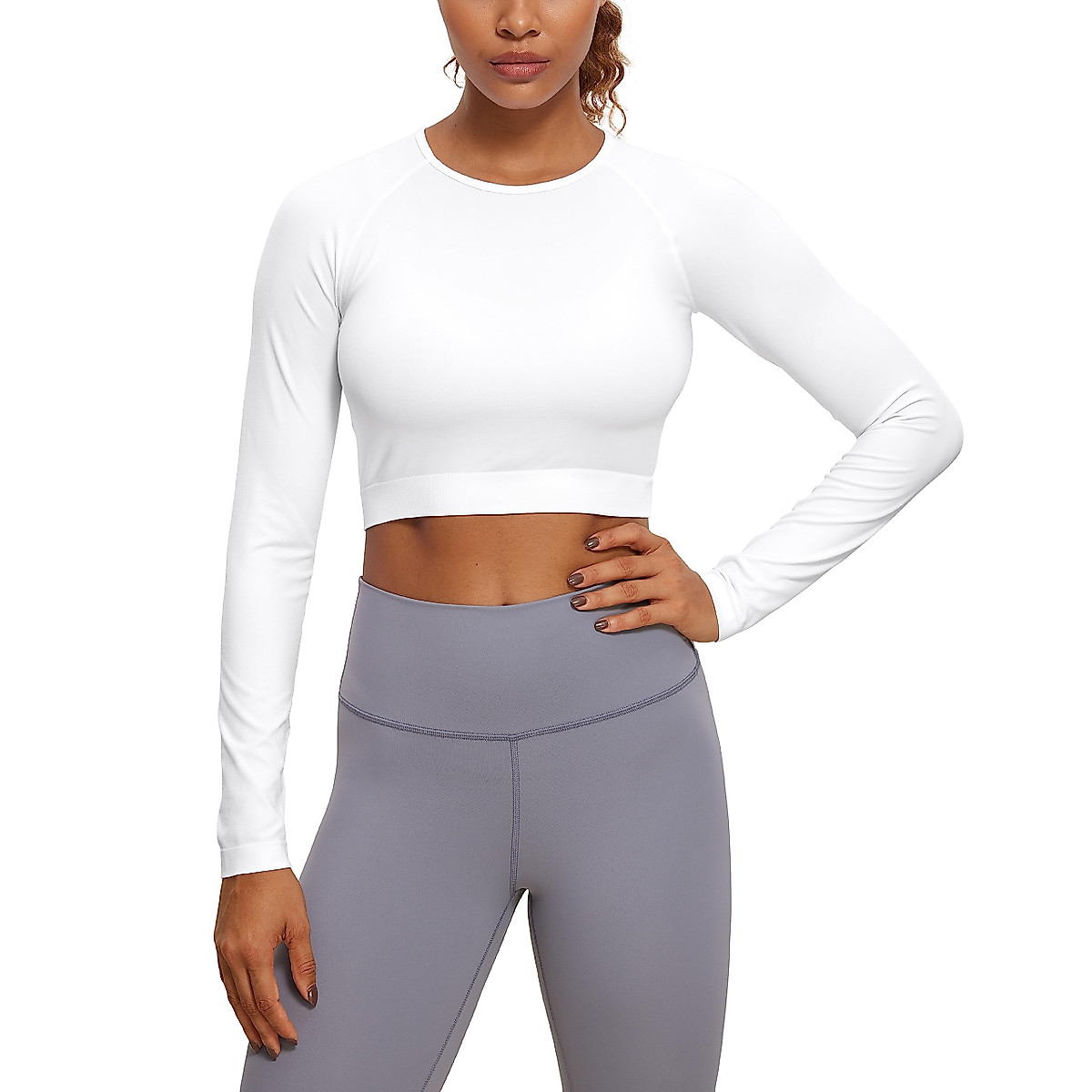 CRZ YOGA Seamless Long Sleeve Shirts for Women Workout Athletic Crop Tops Cropped Running Gym Yoga T-Shirts White Large