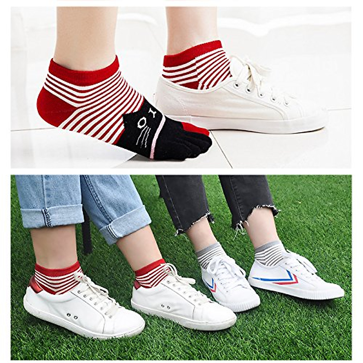 ZAKASA Womens Funny Toe Sock Cotton Five Finger Running Ankle Novelty Socks (Animal cat, US shoe 6-9)