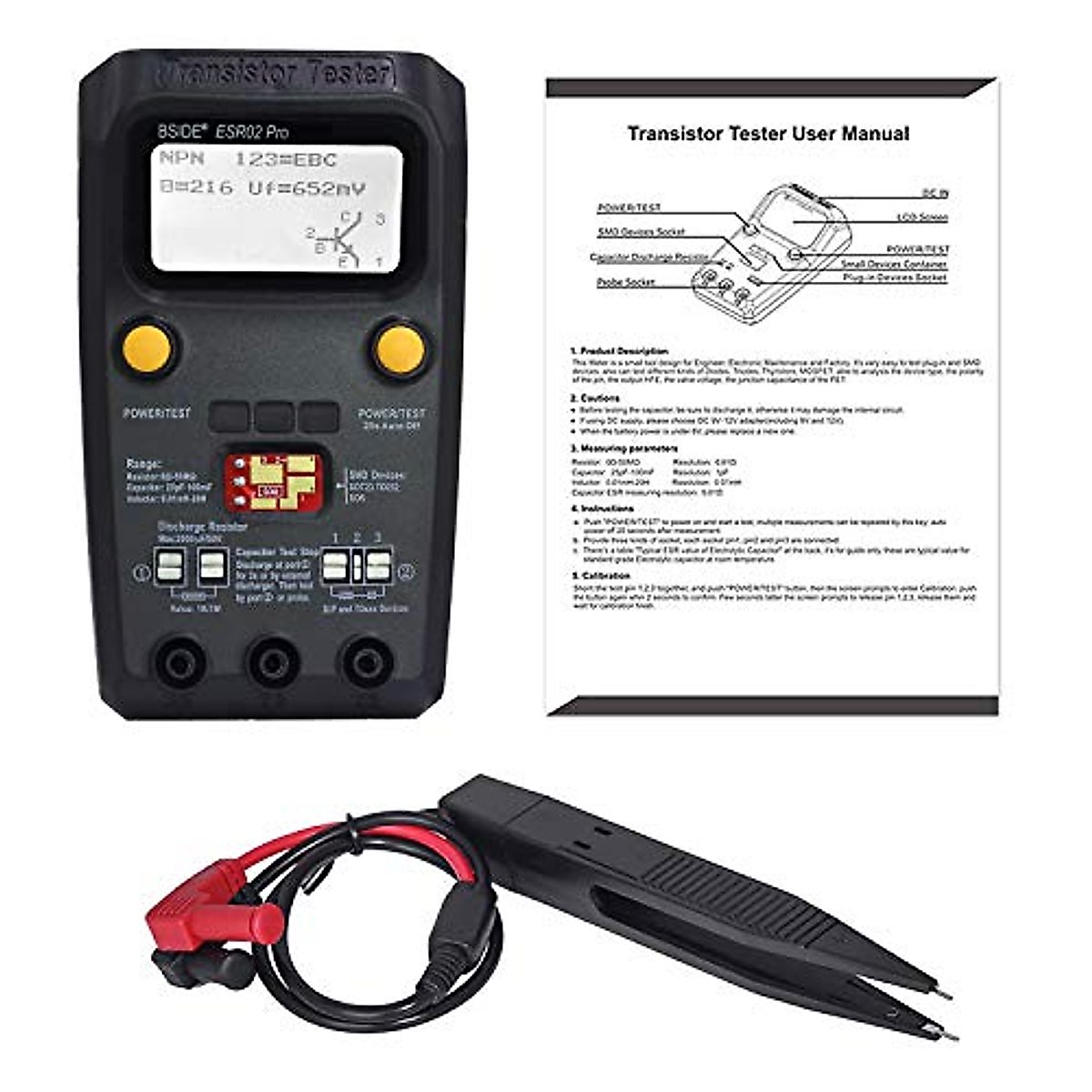 BSIDE ESR02 PRO Digital Transistor Tester SMD Components Meter Mega328 NPN/PNP Diode Triode Capacitor Inductance ESR Checker with Tweezers