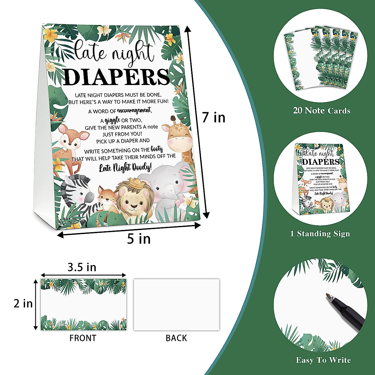 Late Night Diapers Sign, Safari Note Cards Diaper Thoughts, Late Night Diaper Baby Shower Game Set(1 Standing Sign + 20 Blank Greeting Cards), Jungle Baby Shower Party Favor Decor - A03