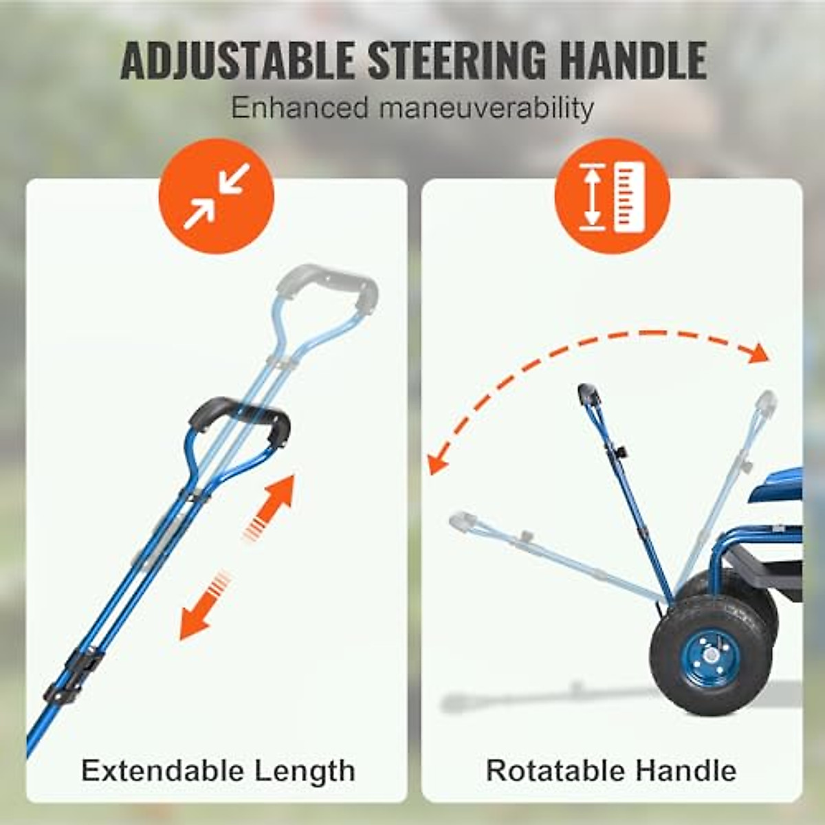 VEVOR Rolling Garden Work Seat with Wheels, Gardening Stool for Planting, 360 Degree Swivel Seat, Garden Scooter with Steering Handle & Tool Tray, Garden Chair for Outdoor, Patio and Yard, Blue