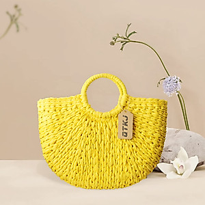 QTKJ Simple Retro Semi-circle Rattan Straw Bag Hand-Woven Round Handle Handbags Summer Beach Bag Tote Straw Bag Purse (Yellow)