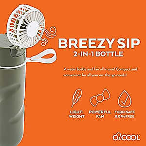 O2COOL Breezy Sip Water Bottle With Removeable Handheld Battery Powered Fan (Olive)