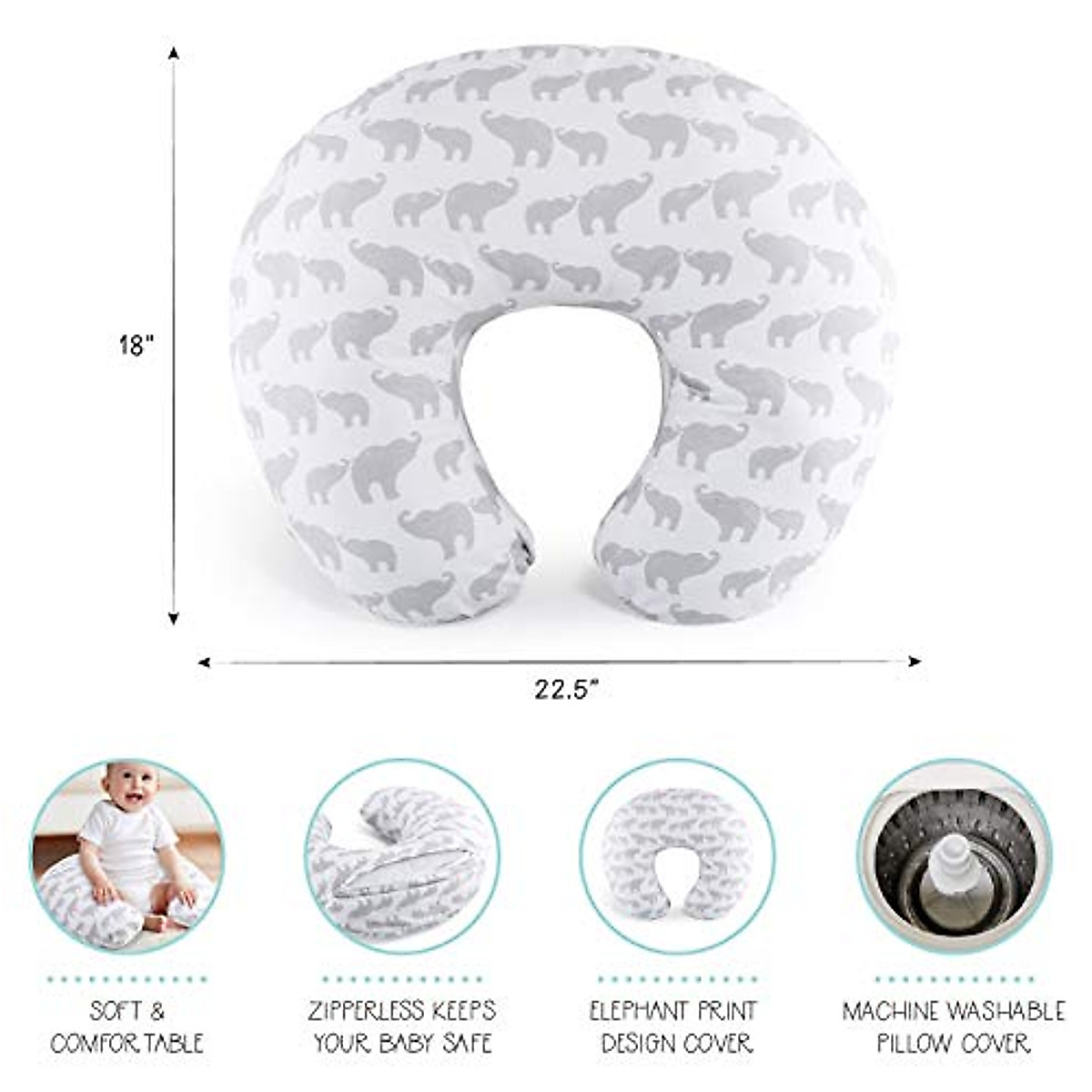 The Peanutshell Grey Elephant Nursing Pillow for Breastfeeding | Pillow & Nursing Pillow Cover for Baby Boys or Girls