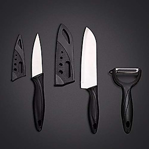 WOLFLAND 3 Pieces Kitchen Knife Set 3.5” Paring knife 7” Santoku Knife w/Protective Covers and Peeler Stainless Steel blade and Ergonomic Black Handle