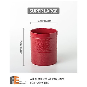FUN ELEMENTS Kitchen Utensil Holder, 7.2" Super Large Utensil Crock Heavy and Stable Lace Emboss Ceramic Utensil Holder for Kitchen Counter (Christmas Red)