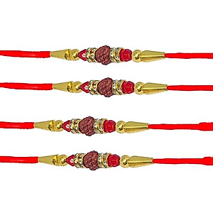 TheNext7 Pack of 4 Rakhi Set for Brother and Sister, Indian Rakhi, Rudraksh with Golden Rings and Pink Beads Rakhi
