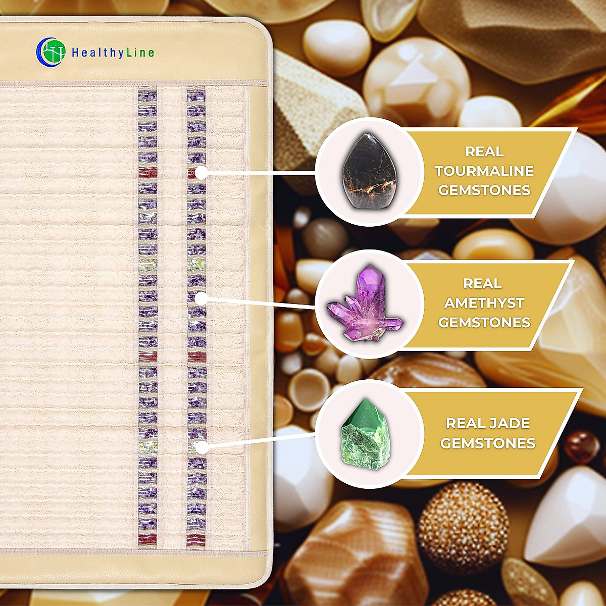 HealthyLine SOFT Far Infrared Heating Pad - Natural Crystal Gemstones Mat for Back Pain - Electric Auto Shut Off - Rejuvenating Negative Ions Therapy - 40" x 24"