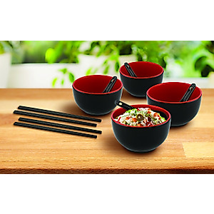 KOVOT Asian Cuisine Ceramic Serving Bowl Set - Includes (4) 20-Ounce Bowls, (4) Oriental Spoons, (4) Sets Of Chopsticks