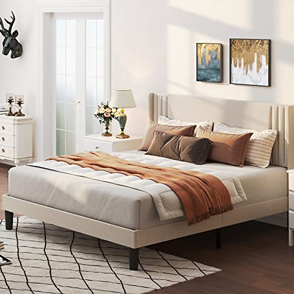 Gizoon Queen Bed Frame with Wingback Headboard, Upholstered Platform Bed with Modern Geometric Headboard, Wooden Slats, Noise-Free, No Box Spring Needed (Beige)