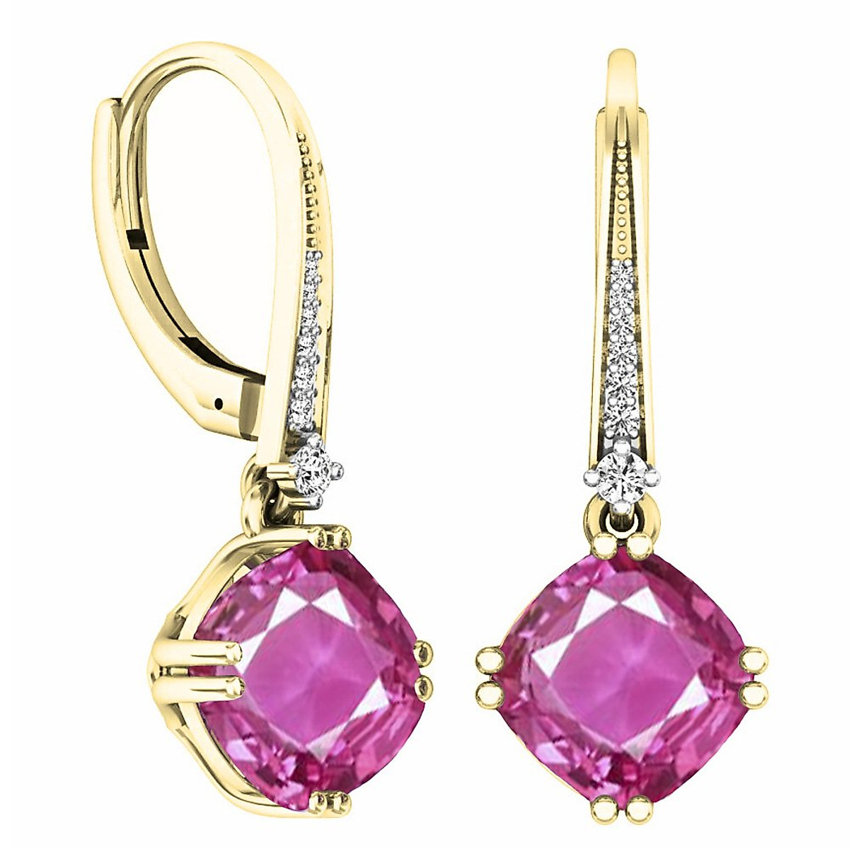 Dazzlingrock Collection 10K 8 MM Each Cushion Lab Created Pink Sapphire & Round White Diamond Drop Earrings, Yellow Gold