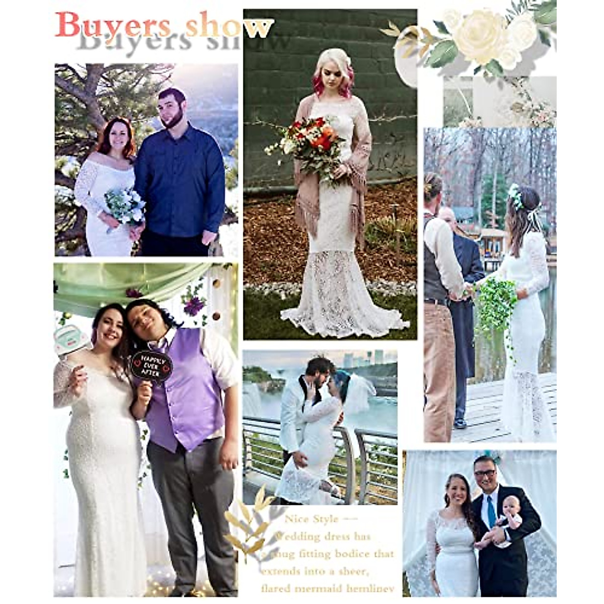 LALAGEN Women's Floral Lace Long Sleeve Off Shoulder Wedding Mermaid Dress White XL