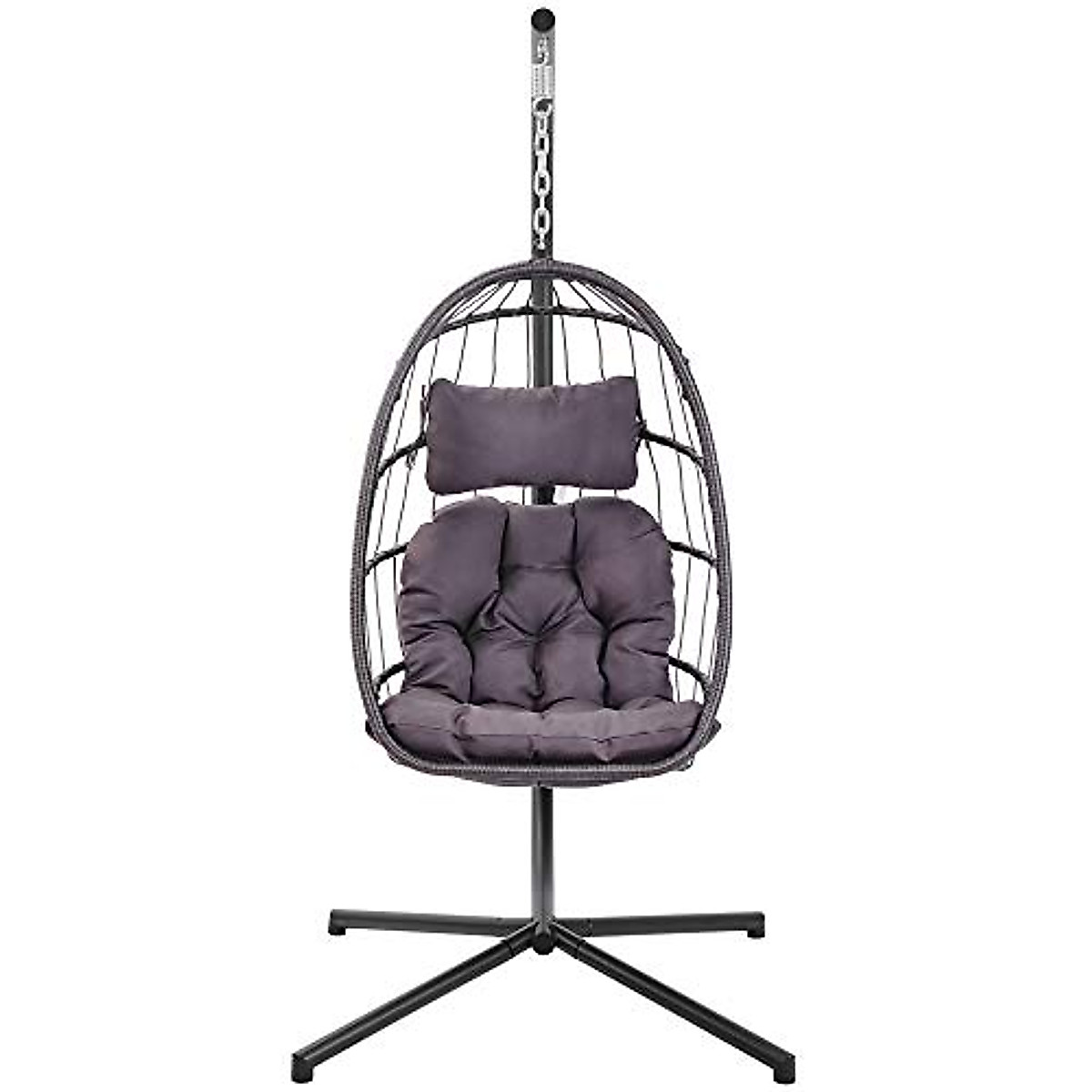elify Wicker Hanging Swing Chair, Patio Rib Hanging Egg Chair with UV Resistant Grey Cushion and Aluminum Stand Frame in Door Outdoor Patio (Gray)