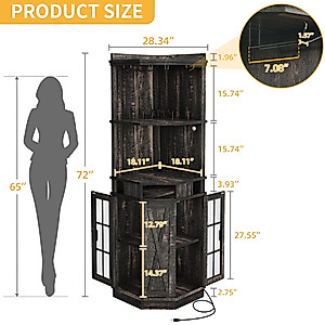 DWVO Corner Bar Cabinet with Glass Door & LED Lights, 72" Tall Farmhouse Liquor Cabinet Bar with Glass & Wine Holder, 6-Tiers Alcohol Cabinet for Dining Room, Living Room, Kitchen, Dark Rustic Oak