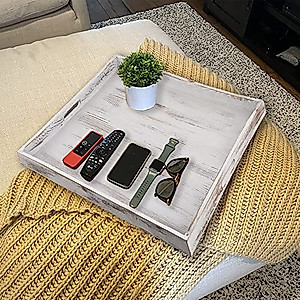 Hanobe Square Large Ottoman Tray: Extra Large Serving Tray with Handles Rustic Wood Whitewash Decorative Coffee Table Trays Farmhouse Home Decor for Living Room Kitchen Counter 24" x 24"
