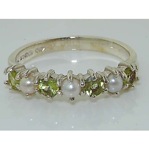925 Sterling Silver Cultured Pearl & Peridot Womans Eternity Ring - Size 11.25