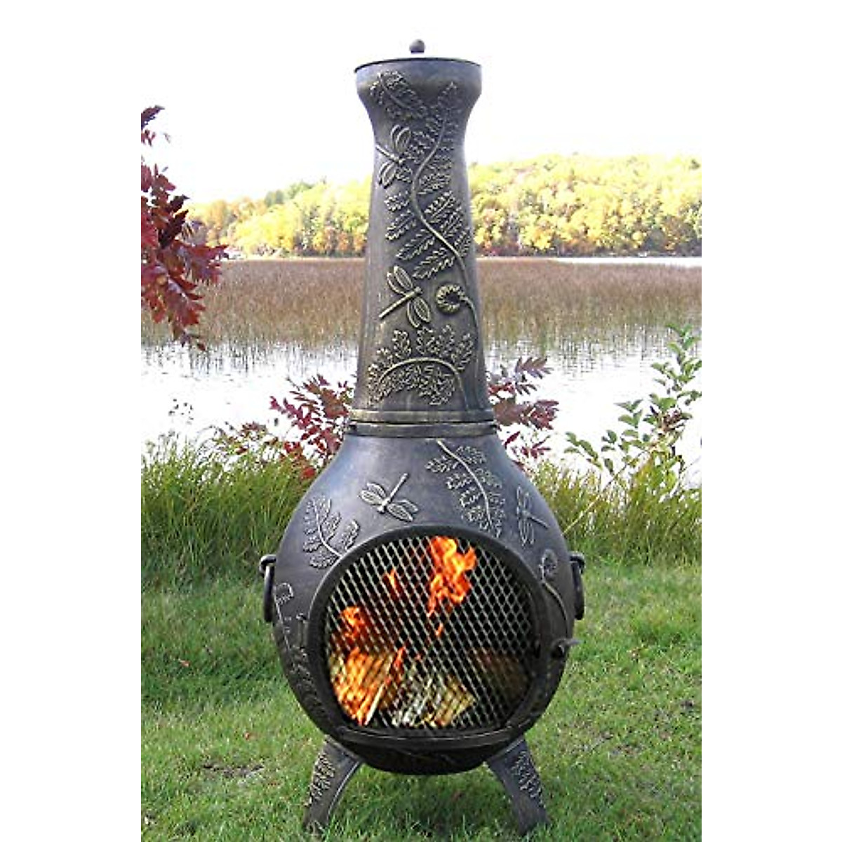 The Blue Rooster Dragonfly Aluminum Chiminea in Gold Accent
