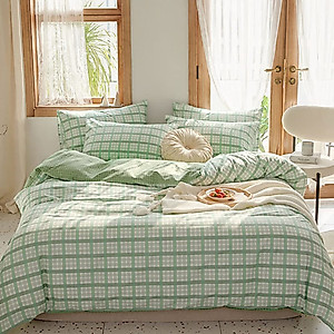 LifeTB 4 PCS Reversible Green Plaid Duvet Cover Set 【1 Queen Duvet Cover + 2 Standard Pillowcases + 1 Queen Fitted Sheet】