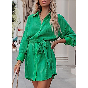 Dokotoo Ladies Long Sleeve Shirt Dresses for Women 2023 Elegant Fall Satin Collared Lapel V Neck Button Down Teacher Cothes Pleated Swing Solid Comfort Ribbed Mini Short Dress with Belt Green X-Large