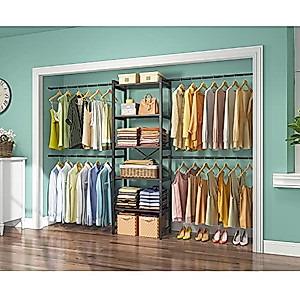 Timate P6 Clothes Rack Bedroom Armoires Heavy Duty Garment Rack Adjustable Walk in Closet Organizer System Kit Tower with Expandable Hanging Rod 5-Tier Closet Storage Shelves, Fits 6-9 ft Space, Black