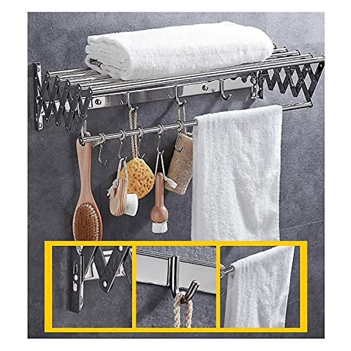 XMCX Retractable Wall Mounted Drying Rack Clothes Drying Rack Laundry Hanger with Hooks Foldable Clothes Dry Rack Space Saving Retractable Rack Easy Storage (Size : 60cm)
