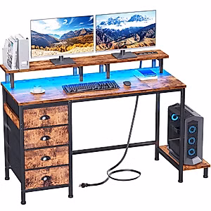 Furologee Computer Desk with 4 Fabric Drawers, 47" Gaming Desk with Power Outlets and LED Lights, Home Office Desk with Full Monitor Stand and Shelf, Study Writing Desk for Bedroom, Rustic Brown