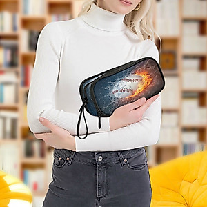 Baseball Ball in Fire and Water Pencil Case 3 Compartment Pen Bag Pouch Holder Box School Portable Stationery Storage Bag for Girls Boys