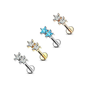 Pierced Owl 16GA Twin CZ Crystal Star Top Monroe Labret Cartilage Ear Stud (Silver Tone/Aqua)