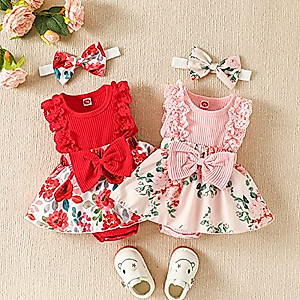 Mubineo Baby Girl Summer Clothes Outfits Sleeveless Lace Floral Romper Dress Newborn Outfit (Pink, 3-6 Months)