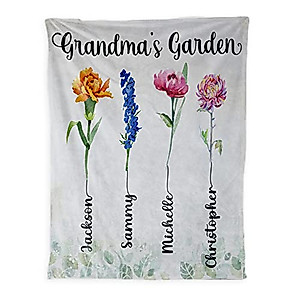 Personalized Grandkids Names Fleece Sherpa Throw Blankets Grandma's Garden Blanket Custom Birth Month Flowers Blanket Birthday Gifts for Grandma Nana Mimi Gigi Grandmother