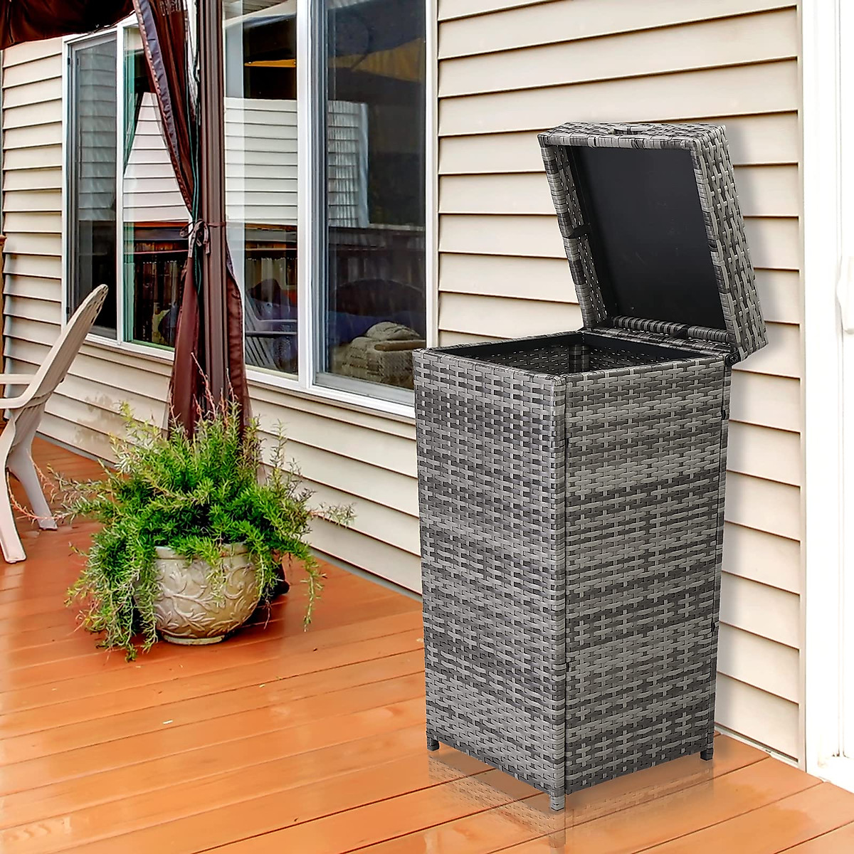 Maotifeys 24 Gallon Rattan Trash Can Outdoor Wicker Trash Bin with Lid, Rattan Outdoor Corner Wastebasket Garbage Can w/Sturdy Metal Frame for Backyard, Poolside, Patio and Kitchen Use