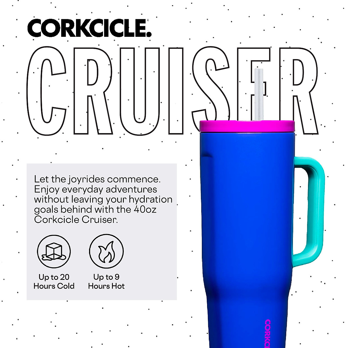 Corkcicle Cruiser Insulated Tumbler with Handle and Straw, 80's Windbreaker, 40 oz – Reusable Water Bottle Keeps Beverages Cold for 20 Hours, Hot for 9 Hours – Cupholder Friendly, Spill Proof Tumbler