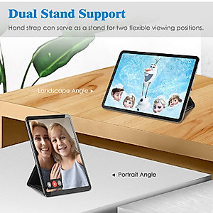 FINTIE Universal Tablet Hand Strap Holder - [Dual Stand Supports] Detachable Padded Hook & Loop Fastening Handle Grip with Adhesive Patch for iPad/Galaxy Tab and All 7-11" Tablets, Black