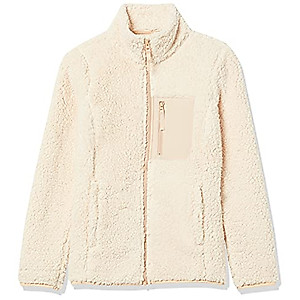 Amazon Essentials Women's Sherpa Long-Sleeve Mock Neck Full-Zip Jacket with Woven Trim (Available in Plus Size), Beige Color Block, Medium