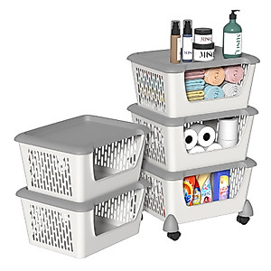 Ucake Plastic Stacking Basket with Wheels, Stackable Storage Basket Organizer, 5 Tiers