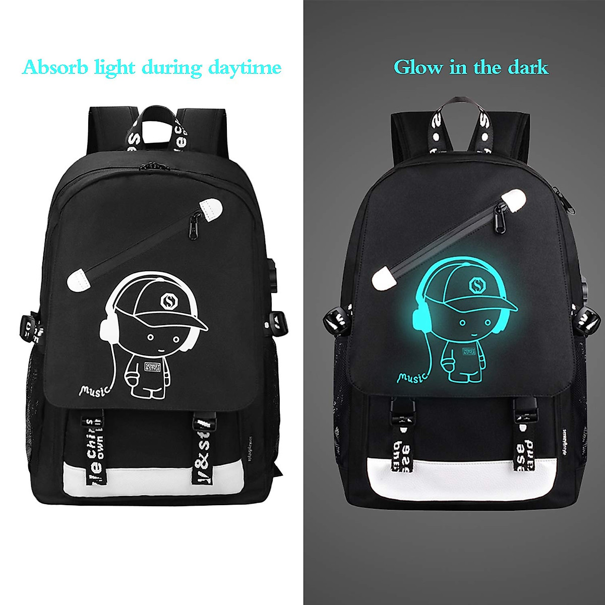 FEWOFJ School Backpack for Boys, Cartoon Luminous Bookbag 15.6inch Laptop Bag with USB Charging Port - Music Black