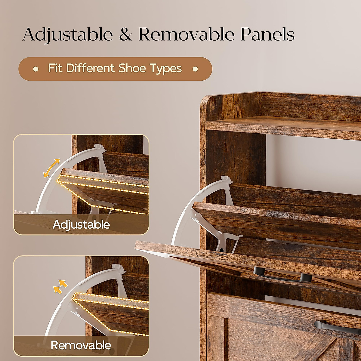 MU Shoe Storage Cabinet with 2 Flip Drawers, Freestanding Shoe Rack Cabinet with Metal Legs, Hidden Shoe Organizer Cabinet for Entryway, Living Room, Rustic Brown