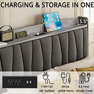 ANCTOR Queen Size Bed Frame with Storage Headboard and Charging Station, Upholstered Platform Bed with 3 Drawers, No Box Spring Needed, Easy Assembly, Grey